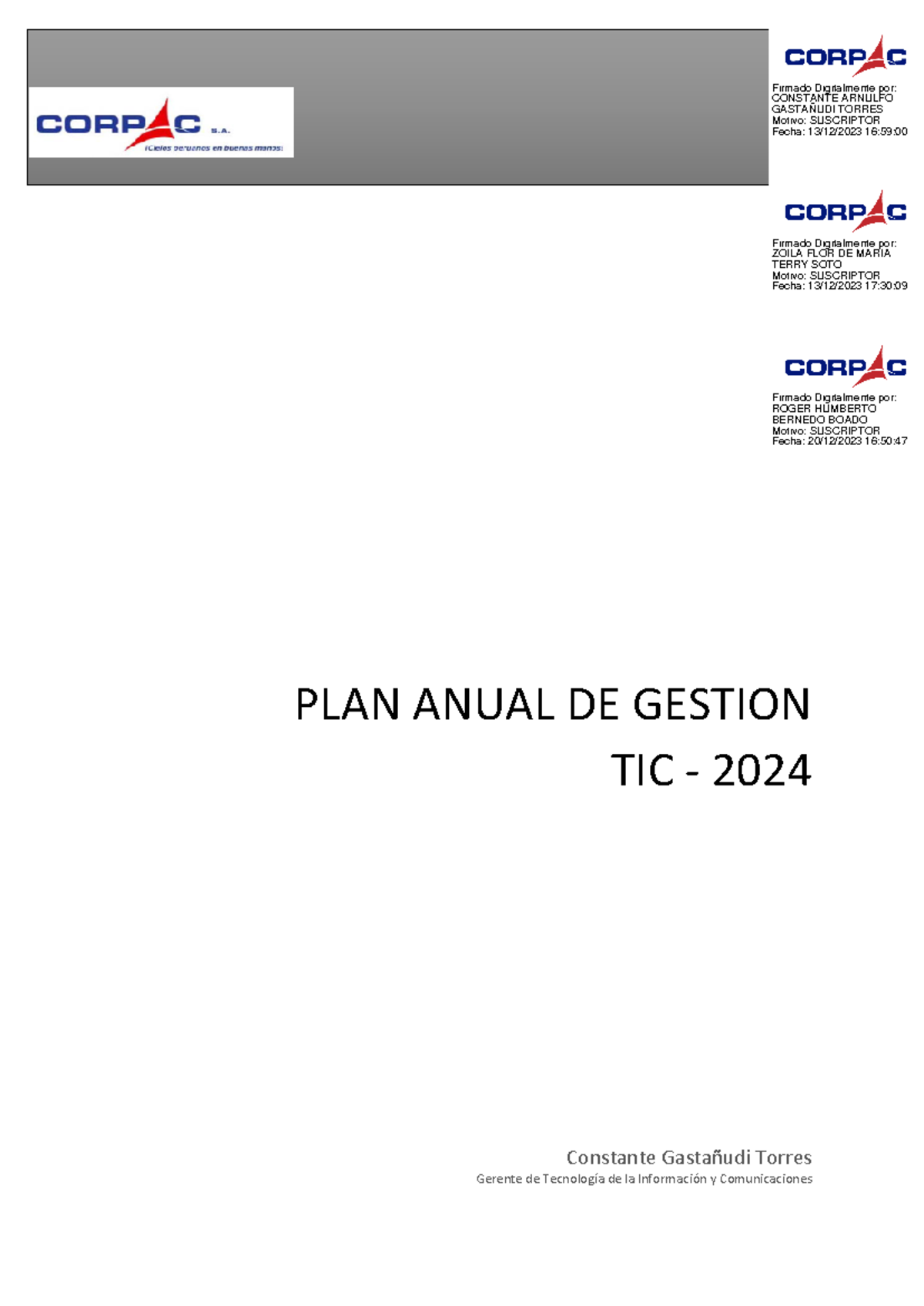 2023 Plan Anual Gestion TIC 2023 - PLAN ANUAL DE GESTION TIC - 2024 Constante Gastañudi Torres ...