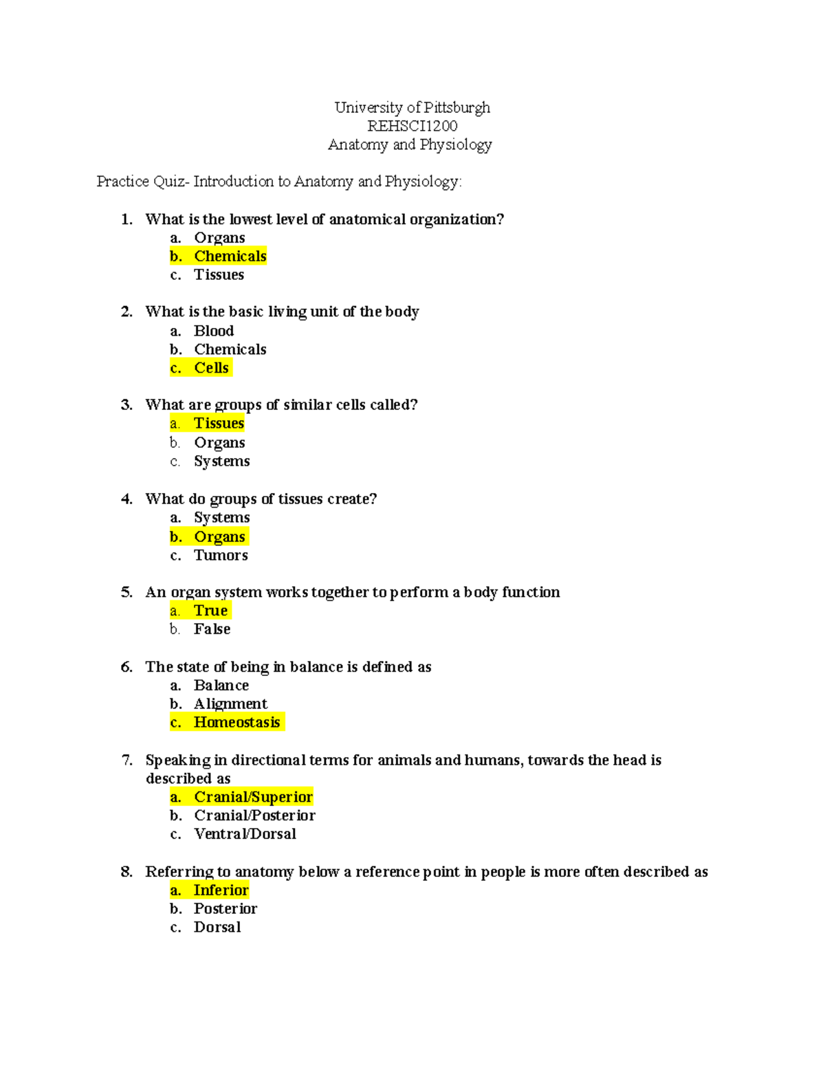 Introduction to Anatomy Study Guide - University of Pittsburgh REHSCI ...