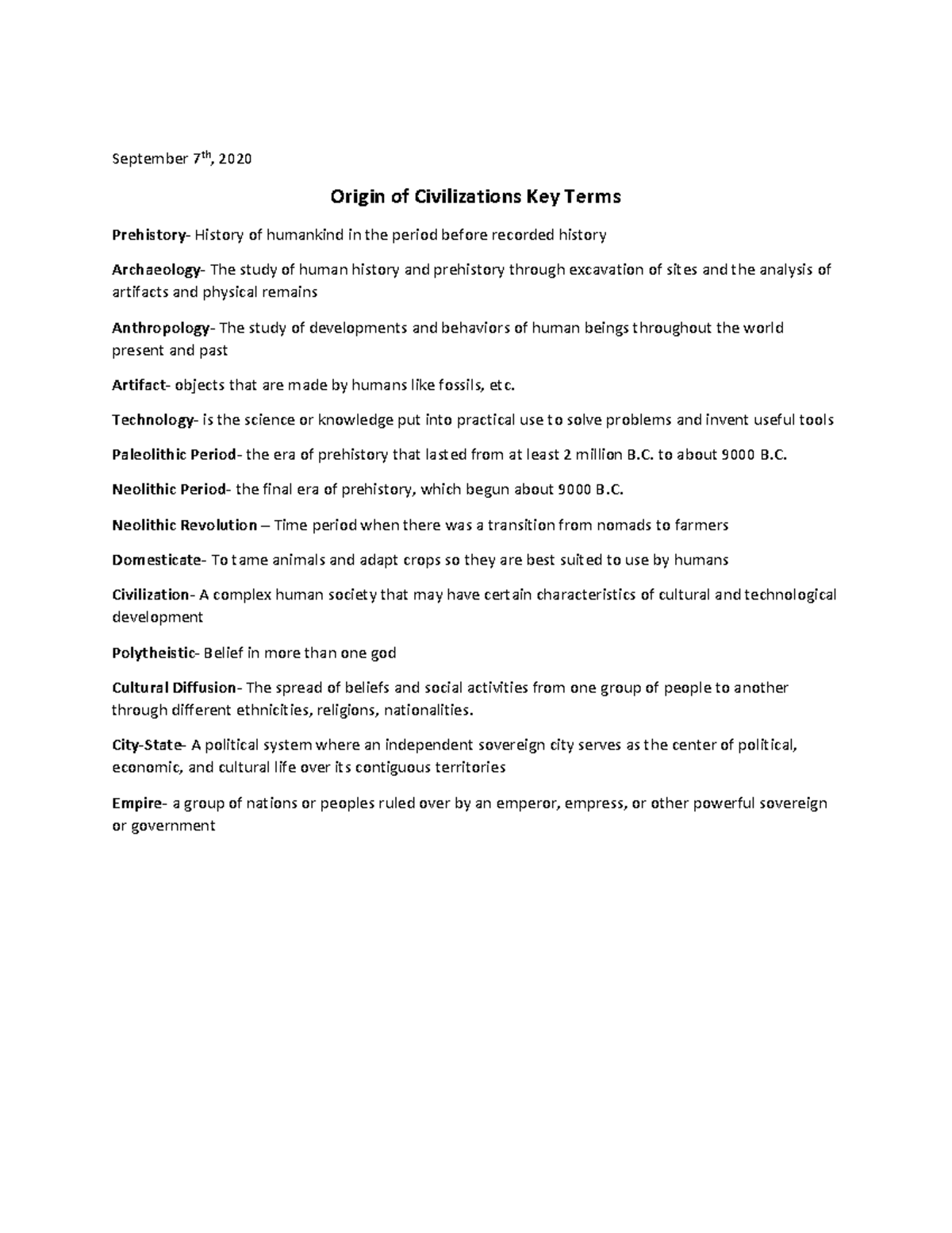 World History Homework Maniriah Wellons - September 7th, 2020 Origin of ...