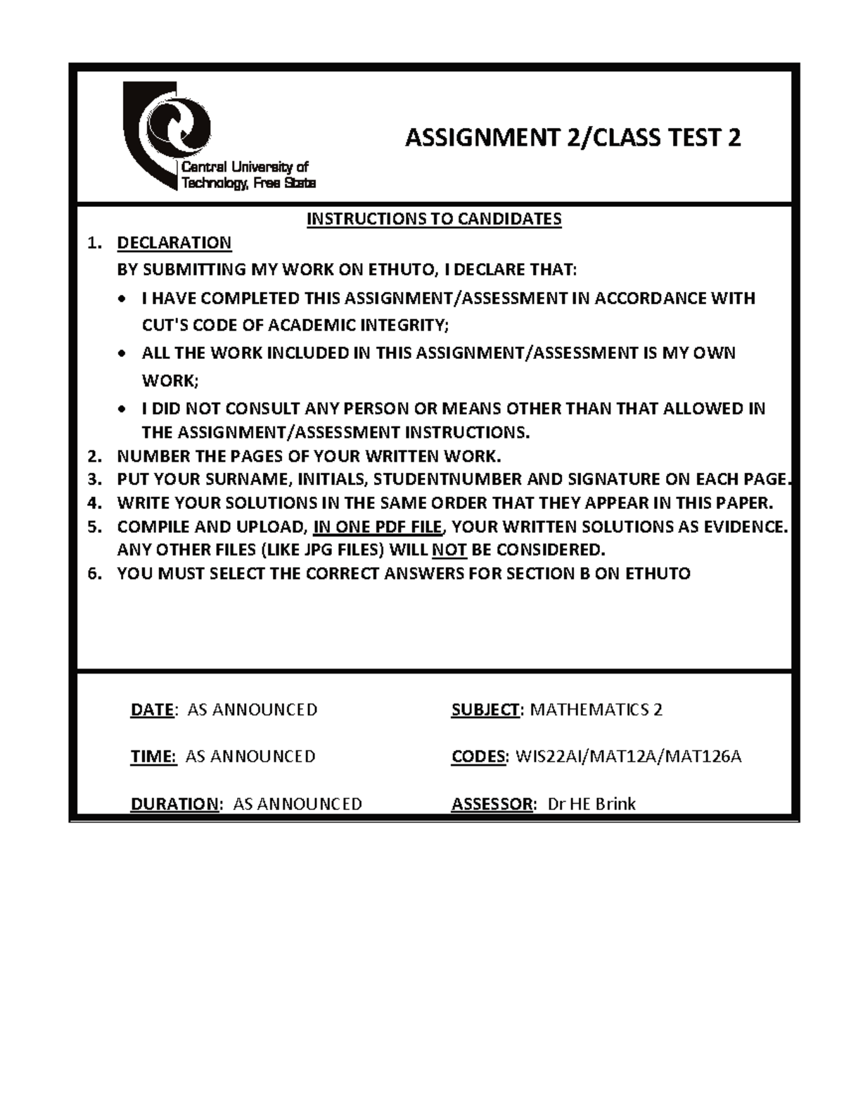 CT2 2-s2-2020QP - ASSIGNMENT 2/CLASS TEST 2 INSTRUCTIONS TO CANDIDATES ...