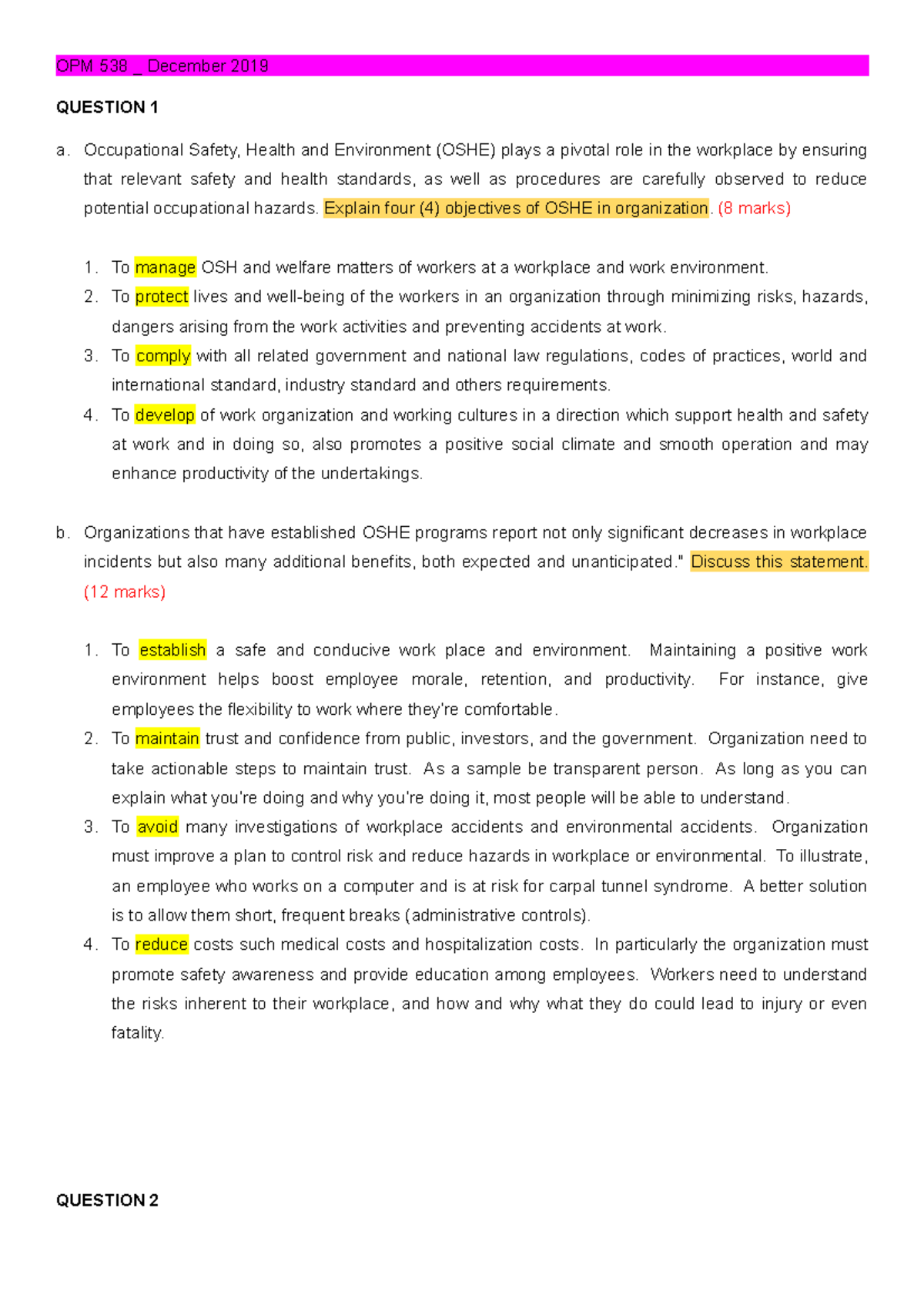 Answer Past Year Question OPM 538 - OPM 538 _ December 2019 QUESTION 1 a. Occupational Safety ...