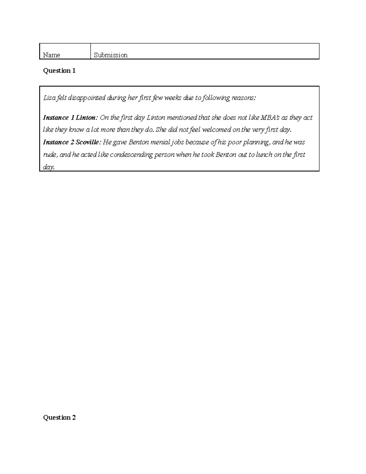IMT Lisa Benton Submission - Name Submission Question 1 Lisa felt disappointed during her first ...
