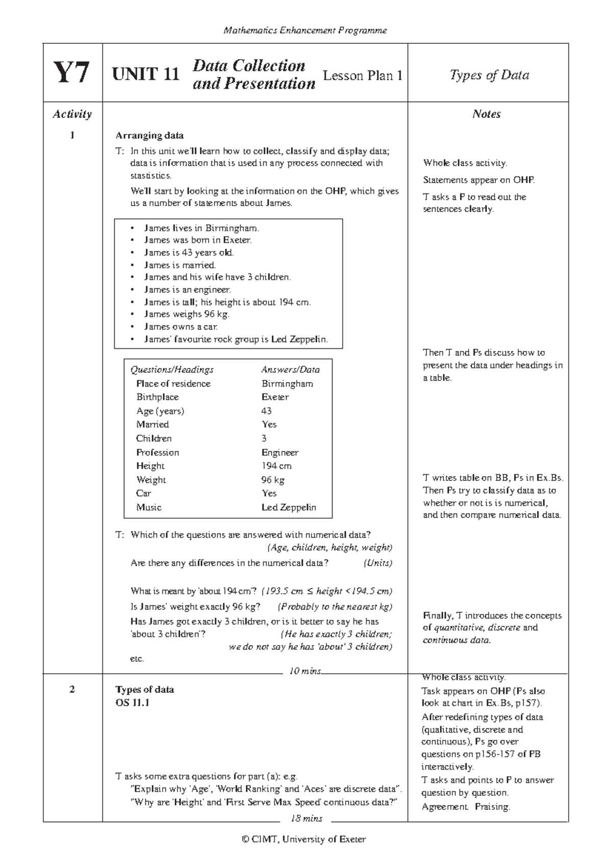 Unit 11 Data collection and presentation lesson plan and notes ...