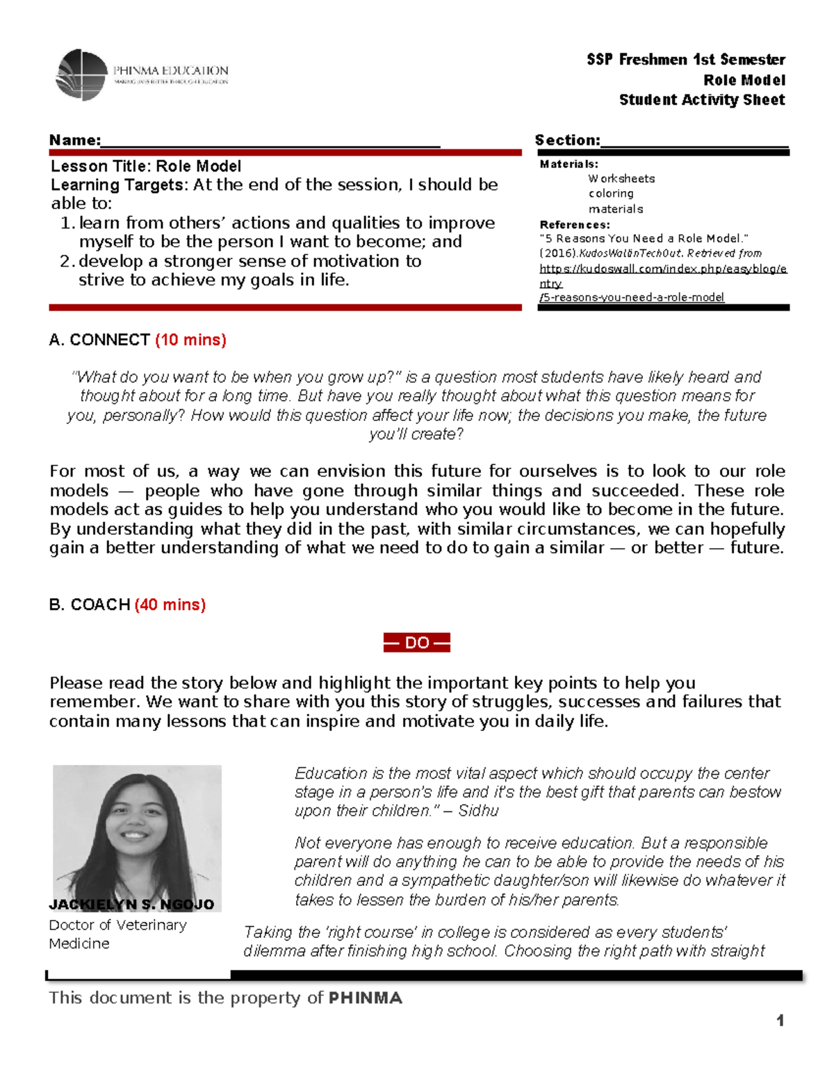 4) Freshmen Sem 1 Role Model (SAS) - Role Model Student Activity Sheet ...