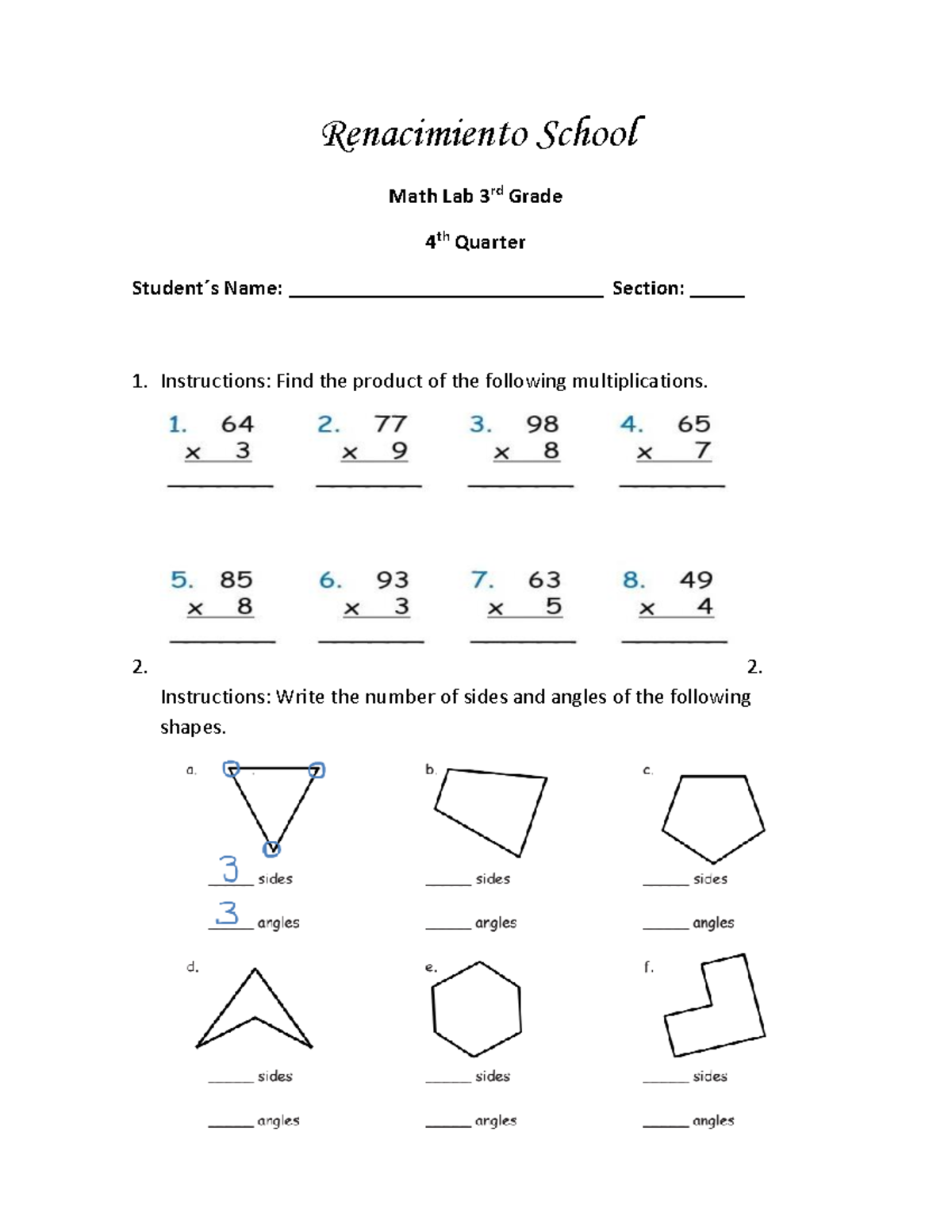 Study guide MATH 3rd grade Fourth Quarter - Renacimiento School Math ...