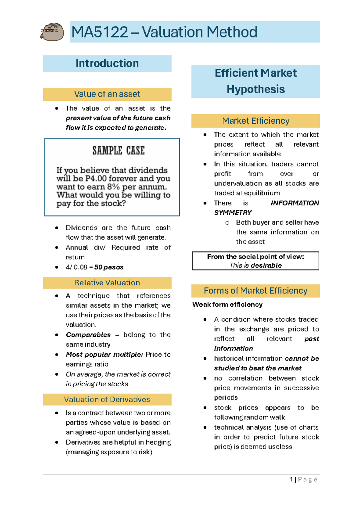Valuation Method - notes - Introduction Value of an asset The value of ...