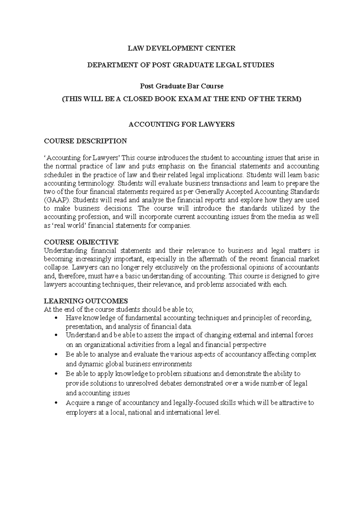 Accountancy for lawyers course outline - LAW DEVELOPMENT CENTER ...