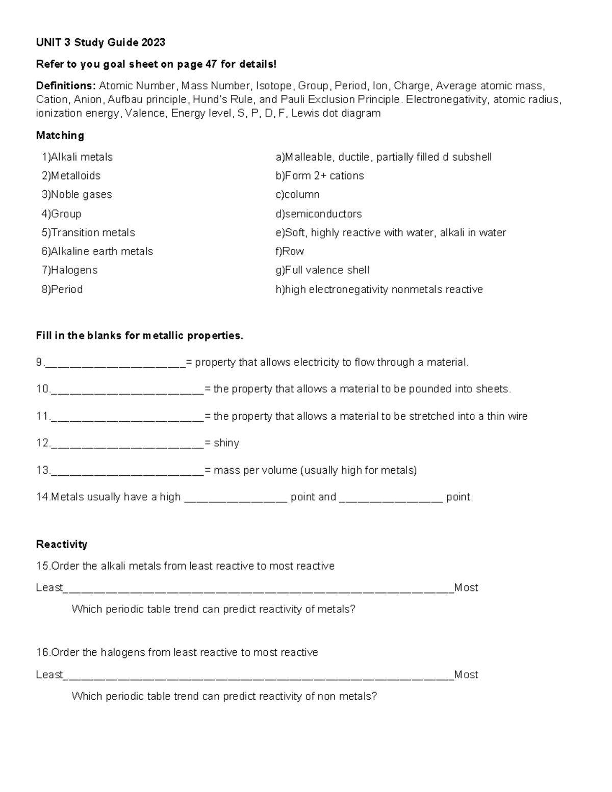 Unit 3 Review guide - UNIT 3 Study Guide 2023 Refer to you goal sheet ...