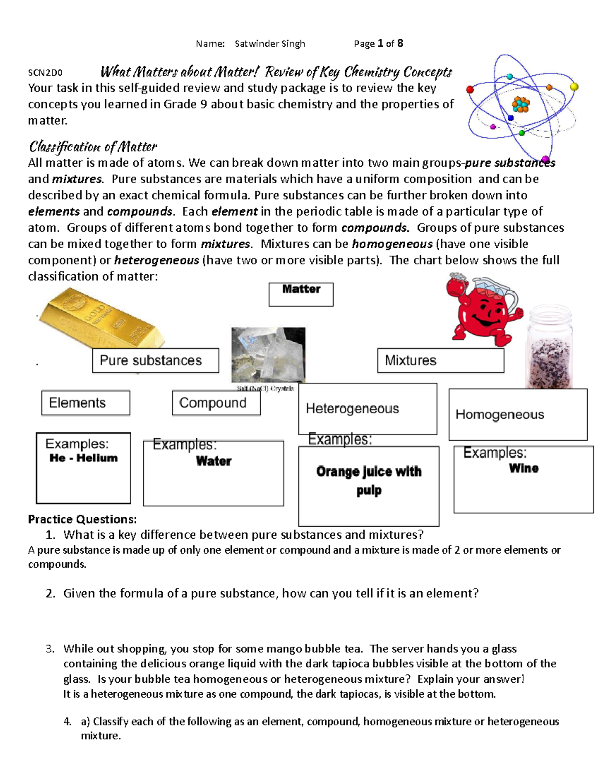 1.0 grade 9 review package first half revised - Name: Satwinder Singh ...