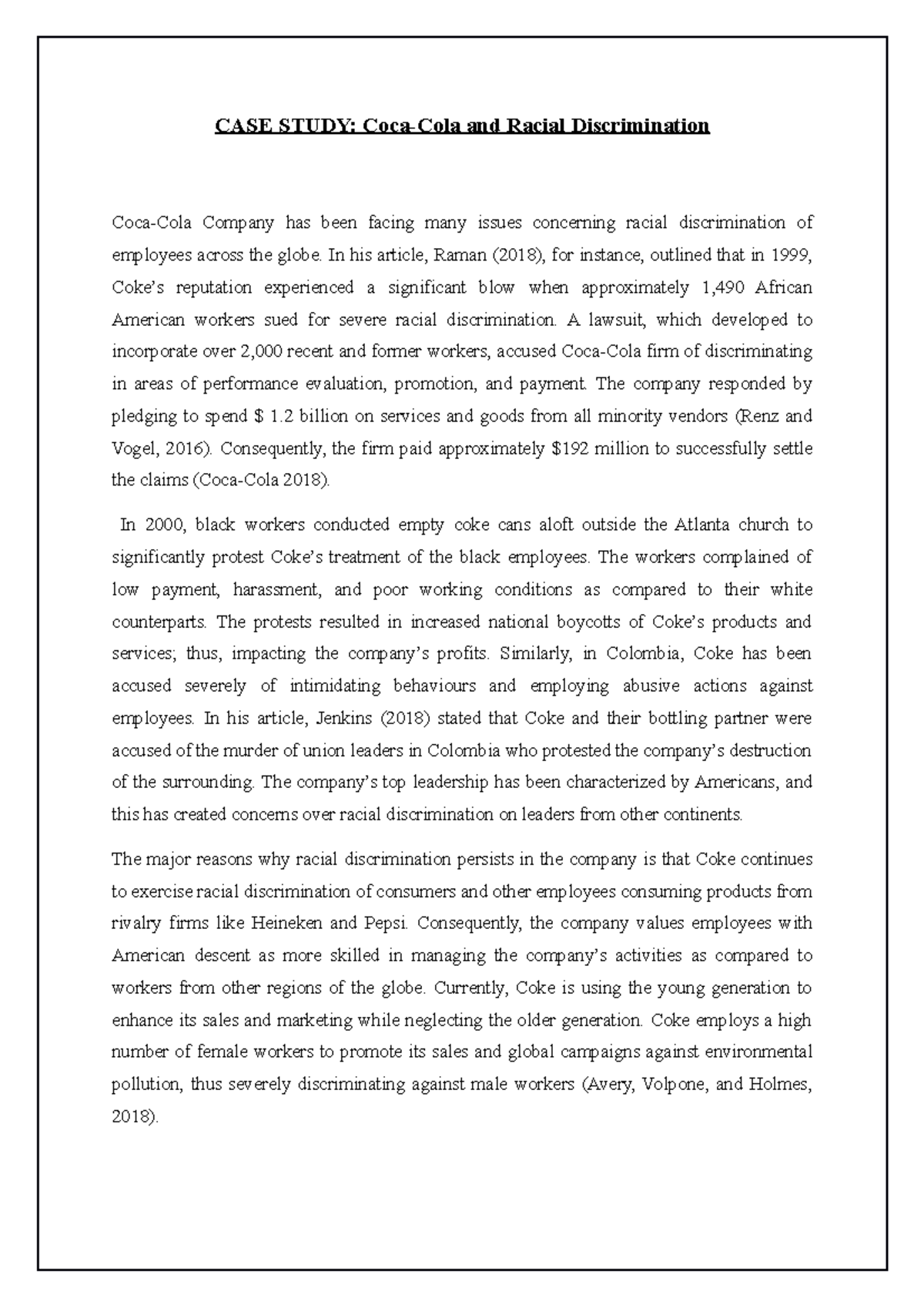 CIA 1 - good for cia reference - CASE STUDY: Coca-Cola and Racial ...