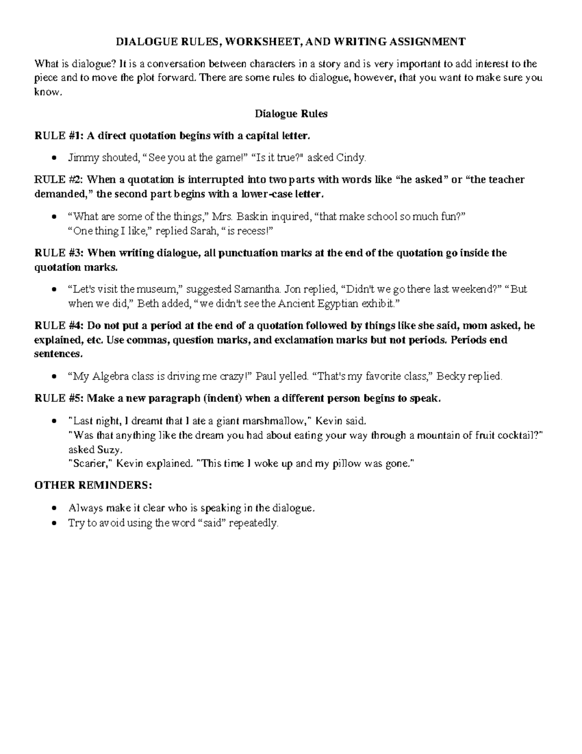 Dialogue Rules, Worksheet, AND Writing Assignment - DIALOGUE RULES ...