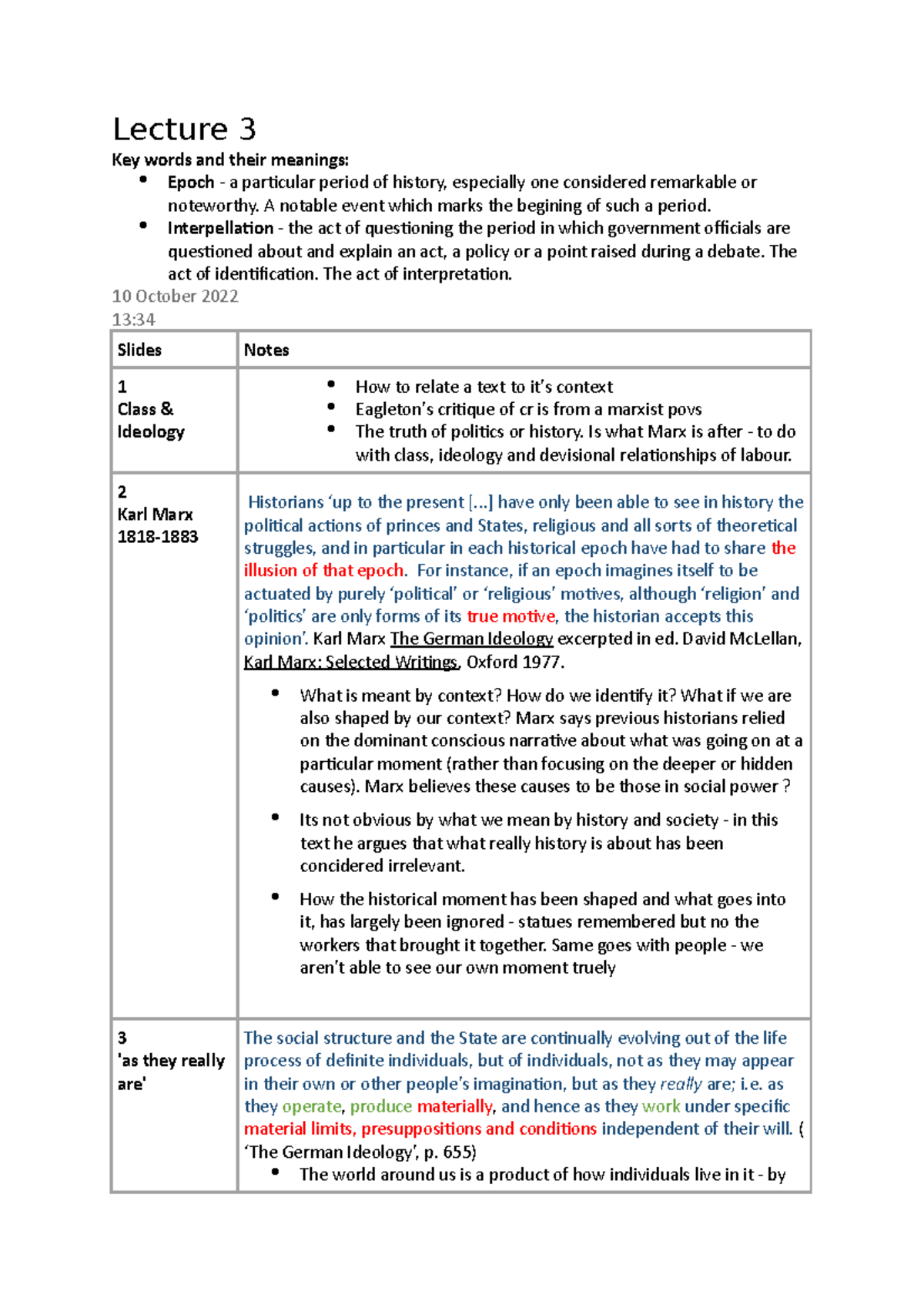 Lecture 3 - karl Marx - English Lit Notes - Lecture 3 Key words and ...
