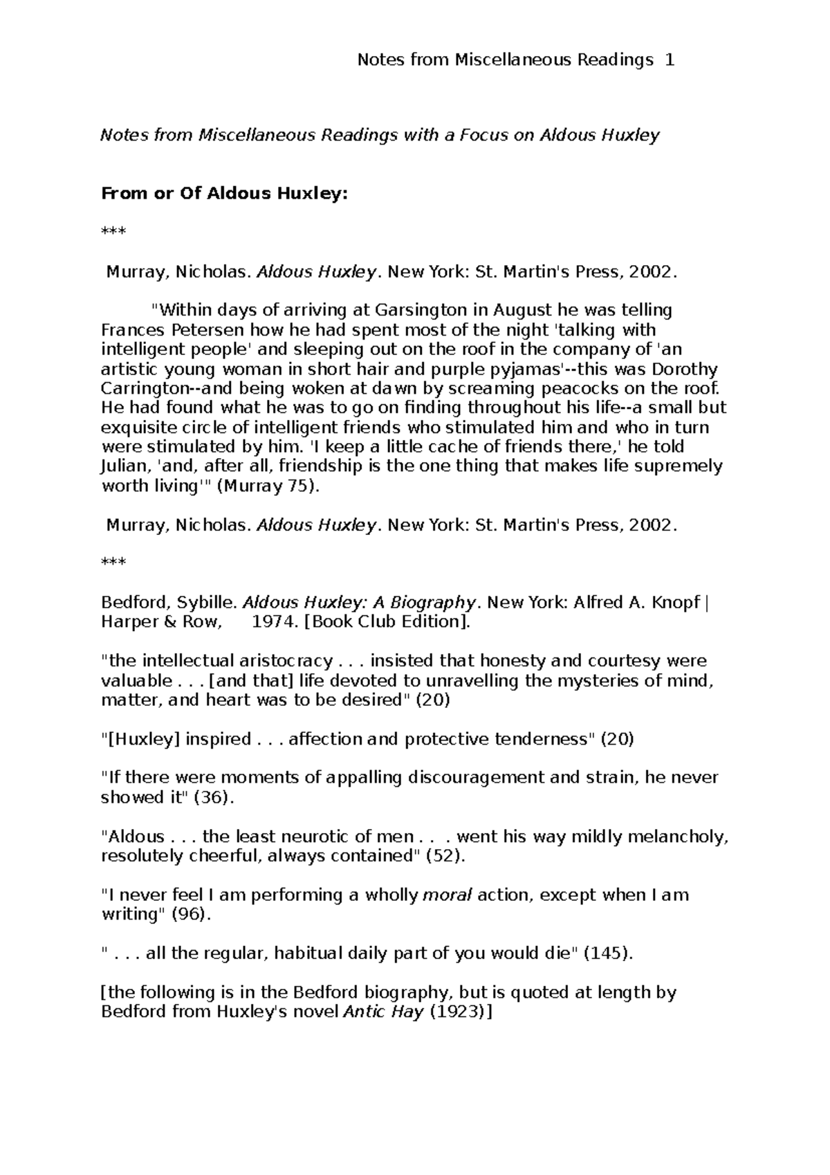Notes from Miscellaneous Readings with a Focus on Aldous Huxley 1 ...