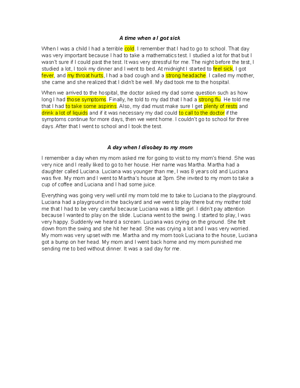 A time when a I got sick tarea Laura - A time when a I got sick When I ...