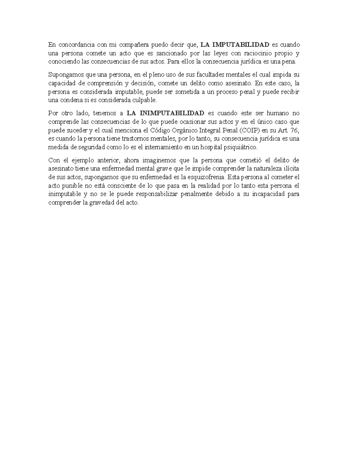 FORO 1 Imputable E Inimputable - En concordancia con mi compañera puedo ...