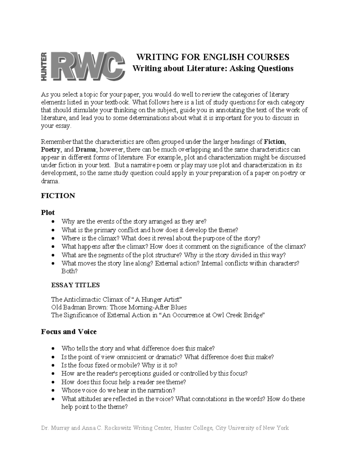 Writing about Literature- Asking Questions - WRITING FOR ENGLISH ...