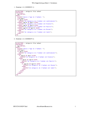 Corre série 1 - corrigé TD1: structures conditionnelles - 1. Exercice 1: ALGORITHME : Calcule le ...