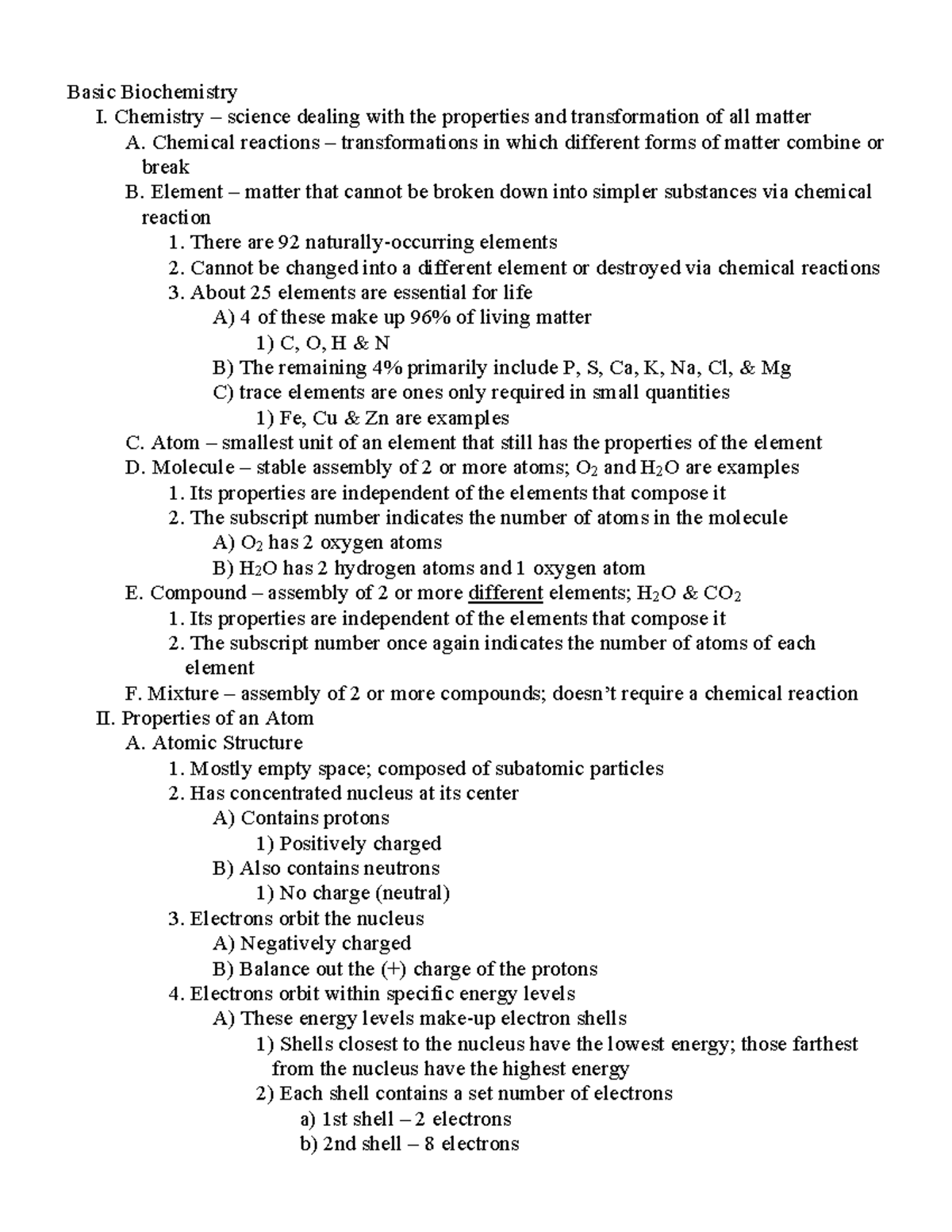 Basic Biochemistry Notes - Basic Biochemistry I. Chemistry – science ...