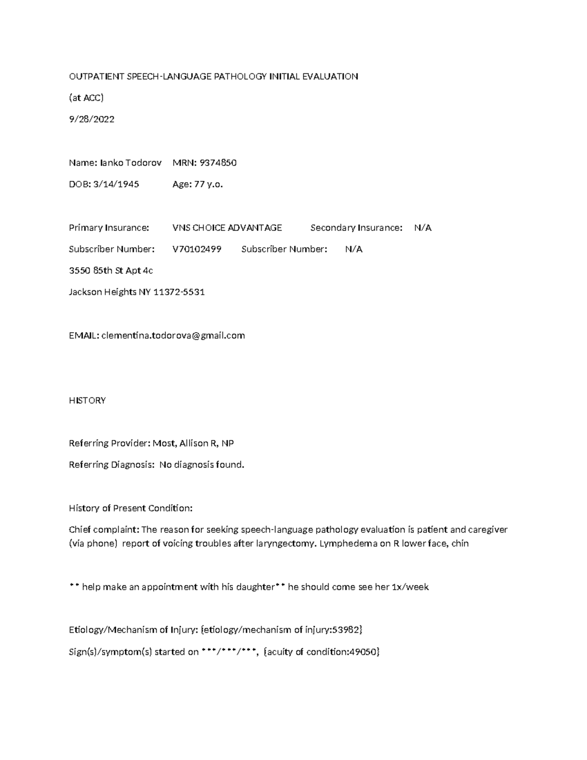 EVAL Example - Notes and assignments - OUTPATIENT SPEECH-LANGUAGE ...