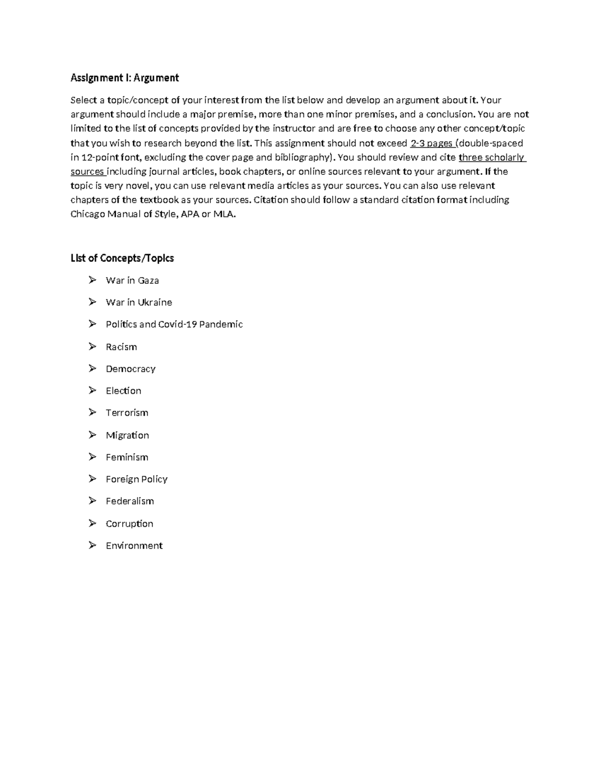 Assignment I - instruction - 2024 - Assignment I: Argument Select a ...