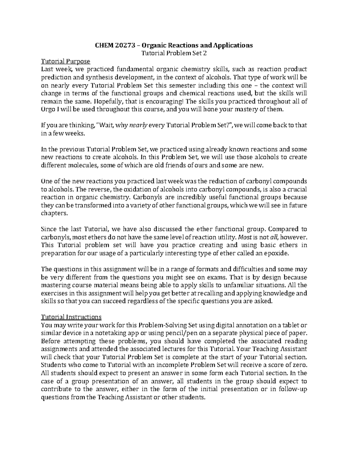 CHEM 20273 F24 Tutorial Problem Set 2 - CHEM 20273 – Organic Reactions and Applications Tutorial ...