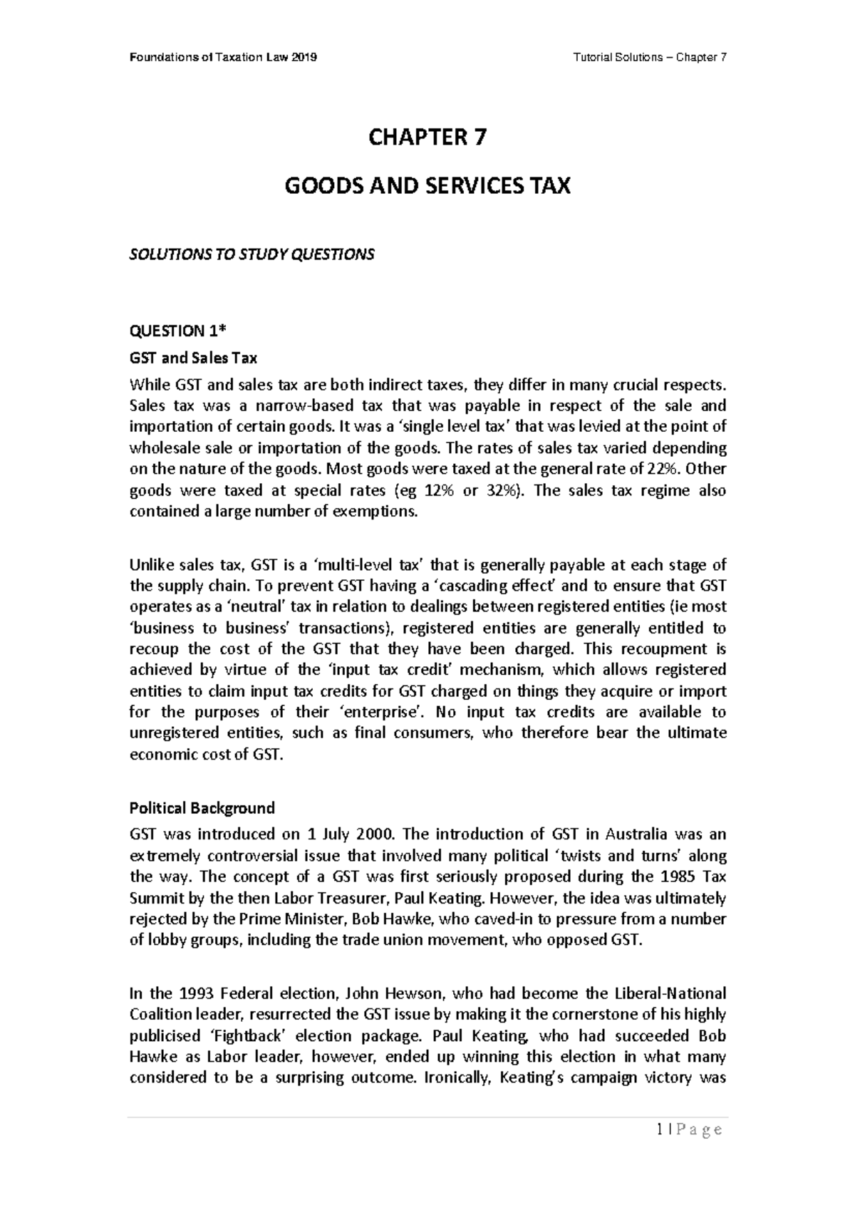 Taxation TS-9 - CHAPTER 7 GOODS AND SERVICES TAX SOLUTIONS TO STUDY ...