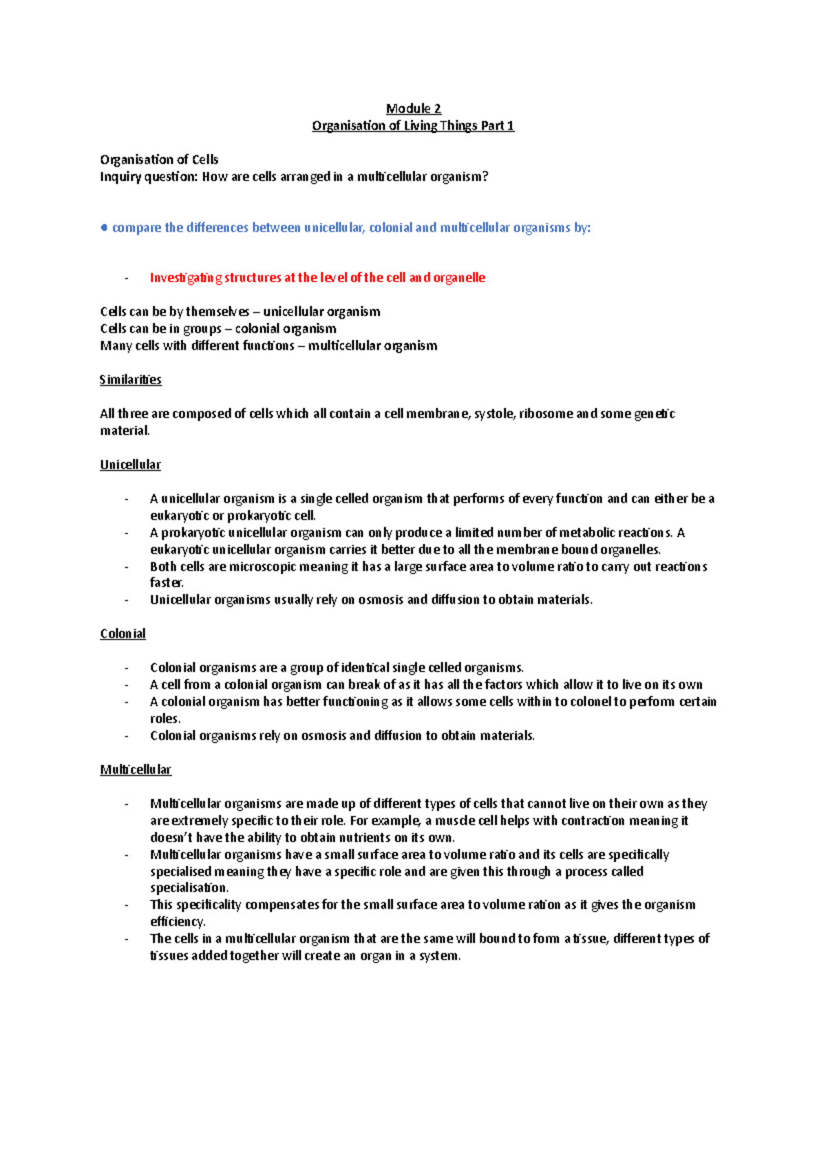 Module 2 Part 1 (Syllabus Bible) - Module 2 Organisation of Living ...