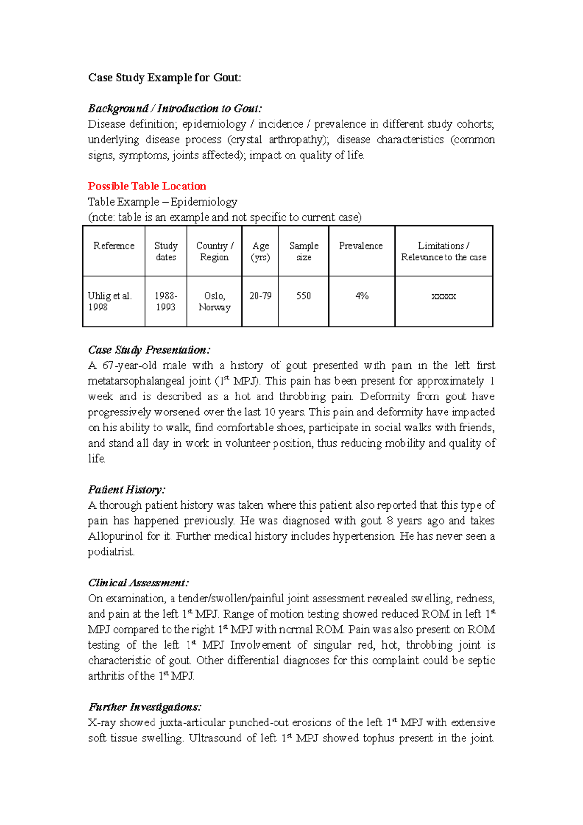 Case Study Example for Gout - Case Study Example for Gout: Background ...