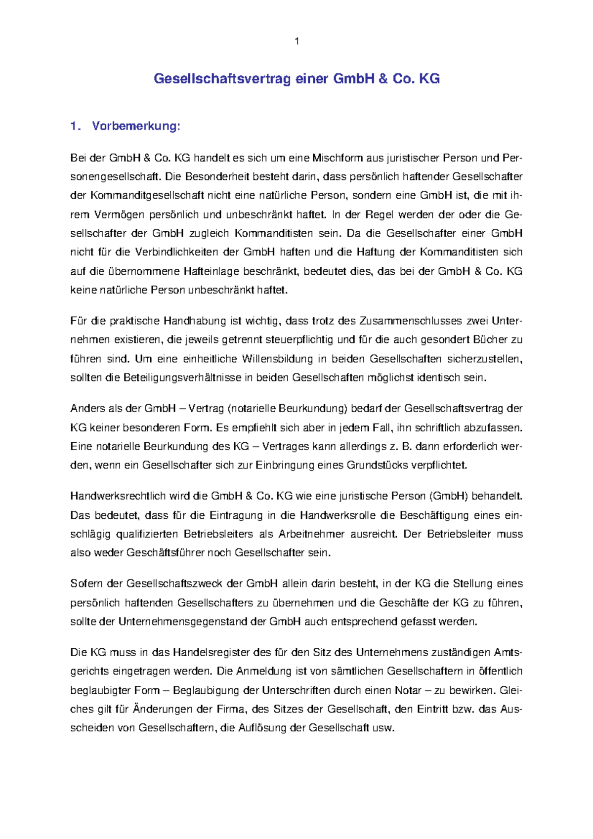 Formular GmbH und Co KG Vertrag - Gesellschaftsvertrag einer GmbH & Co ...