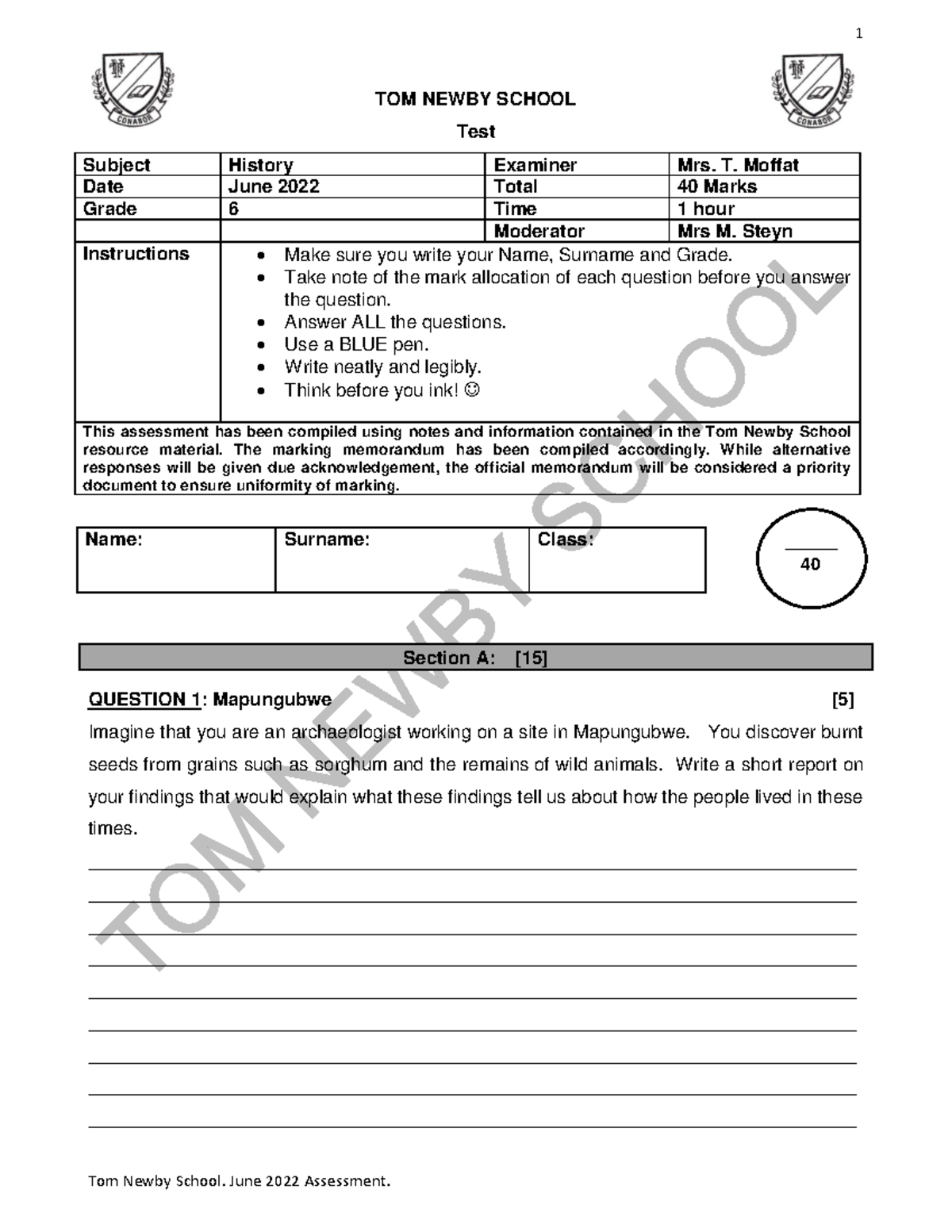 Grade 6 History Exam June 2022 - TOM NEWBY SCHOOL Test Subject History ...