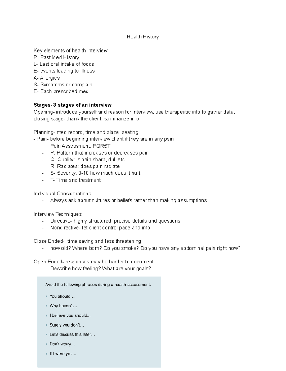 Health History Module - Health History Key elements of health interview ...