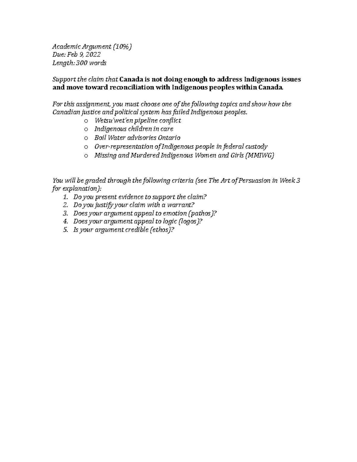 Academic Argument you can choose your topic - Academic Argument (10% ...