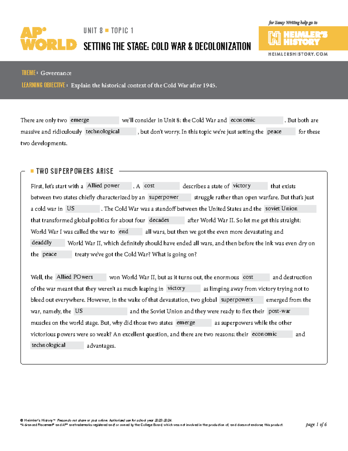 AP World Unit 8 Topic 1 Note Guide - SETTING THE STAGE: COLD WAR ...
