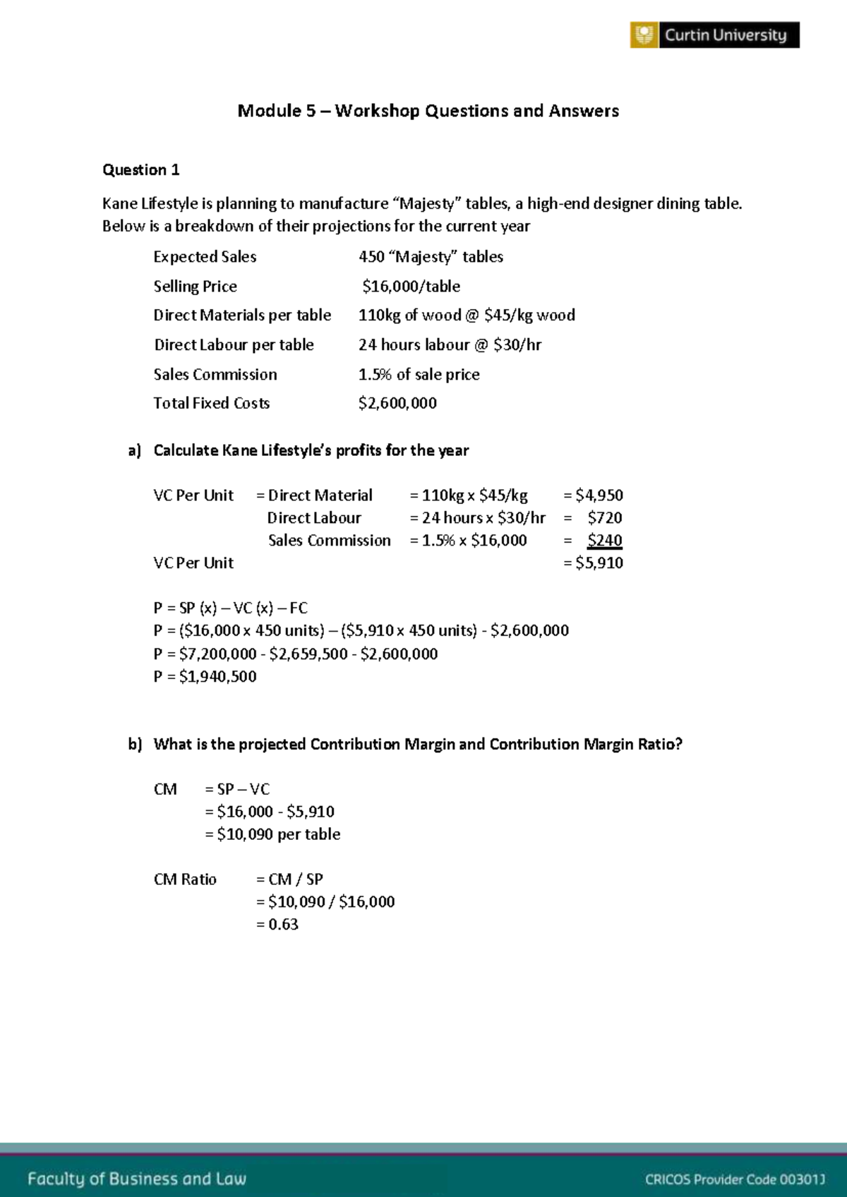 ACCT1002 M5 Workshop Solutions - Question 1 Module 5 – Workshop Questions and Answers Kane ...