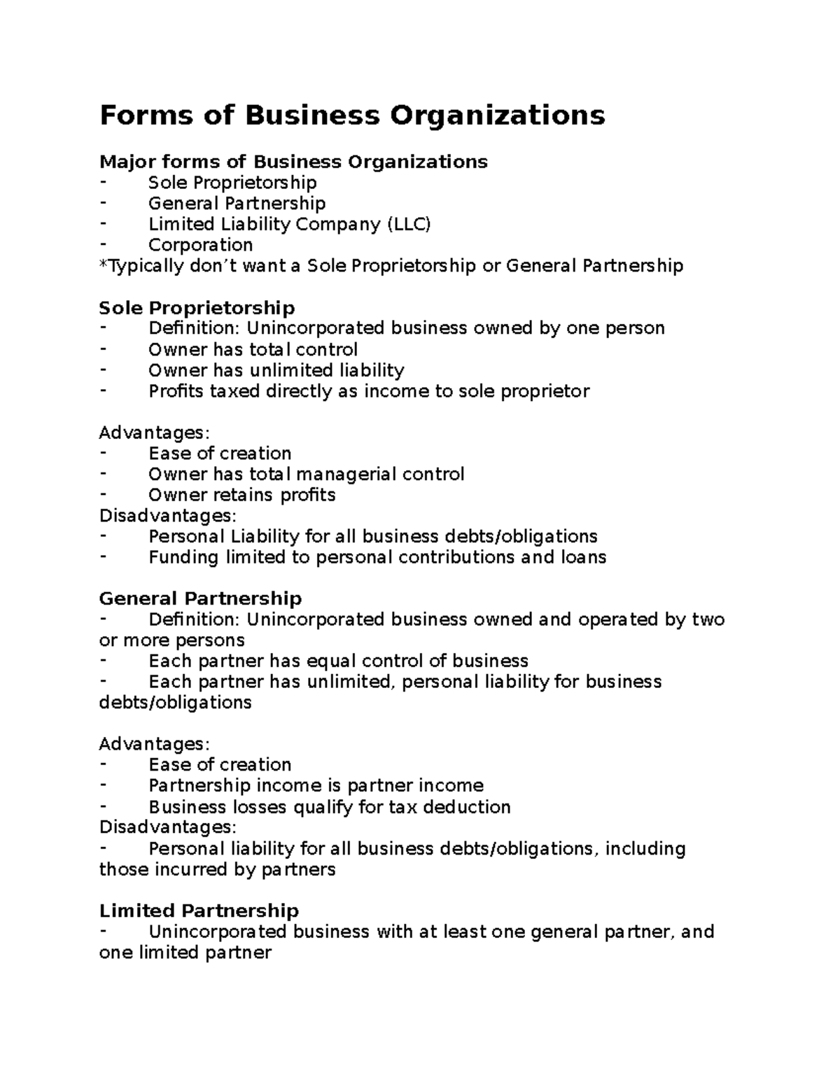 Forms of Business Organizations - Studocu