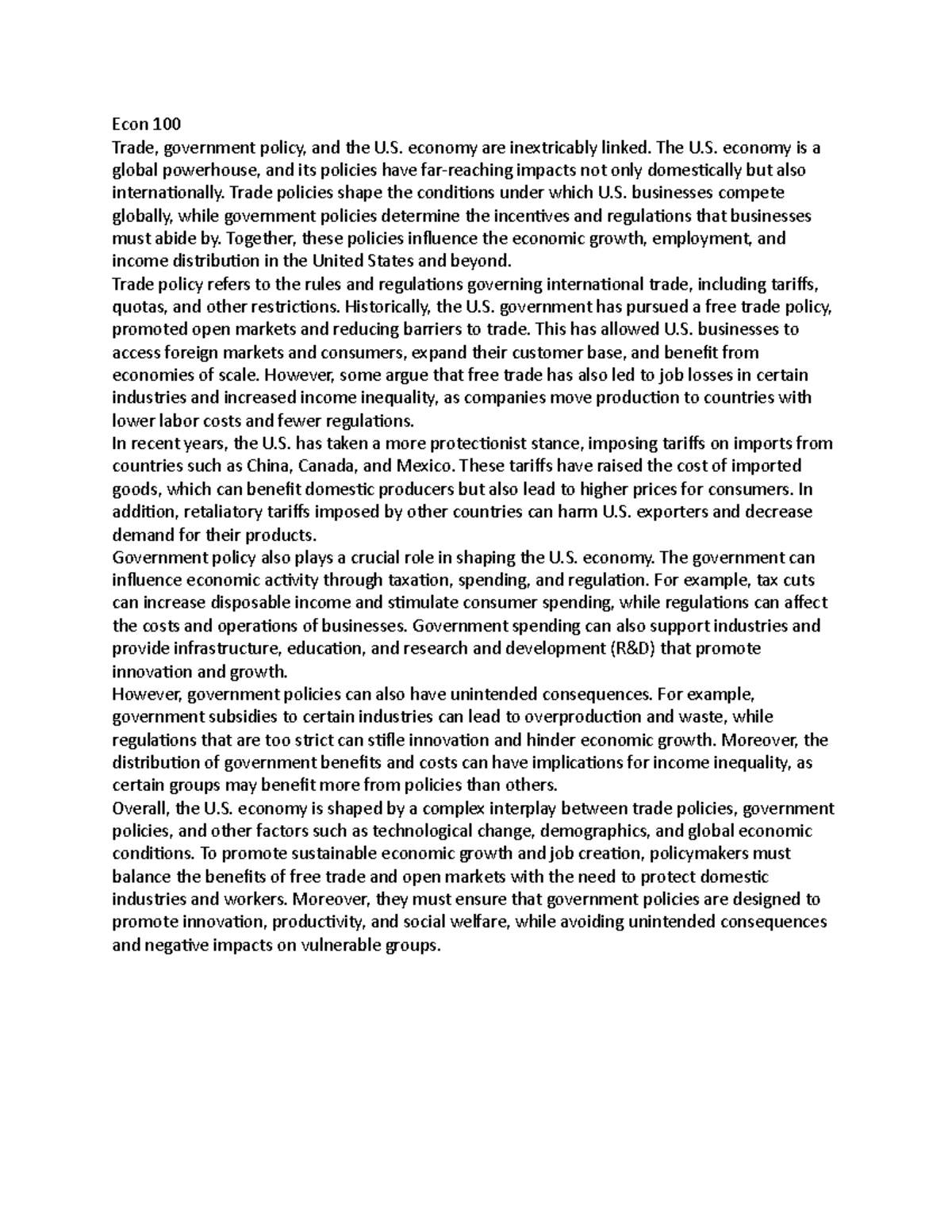 Econ 100 1 - notes - Econ 100 Trade, government policy, and the U ...