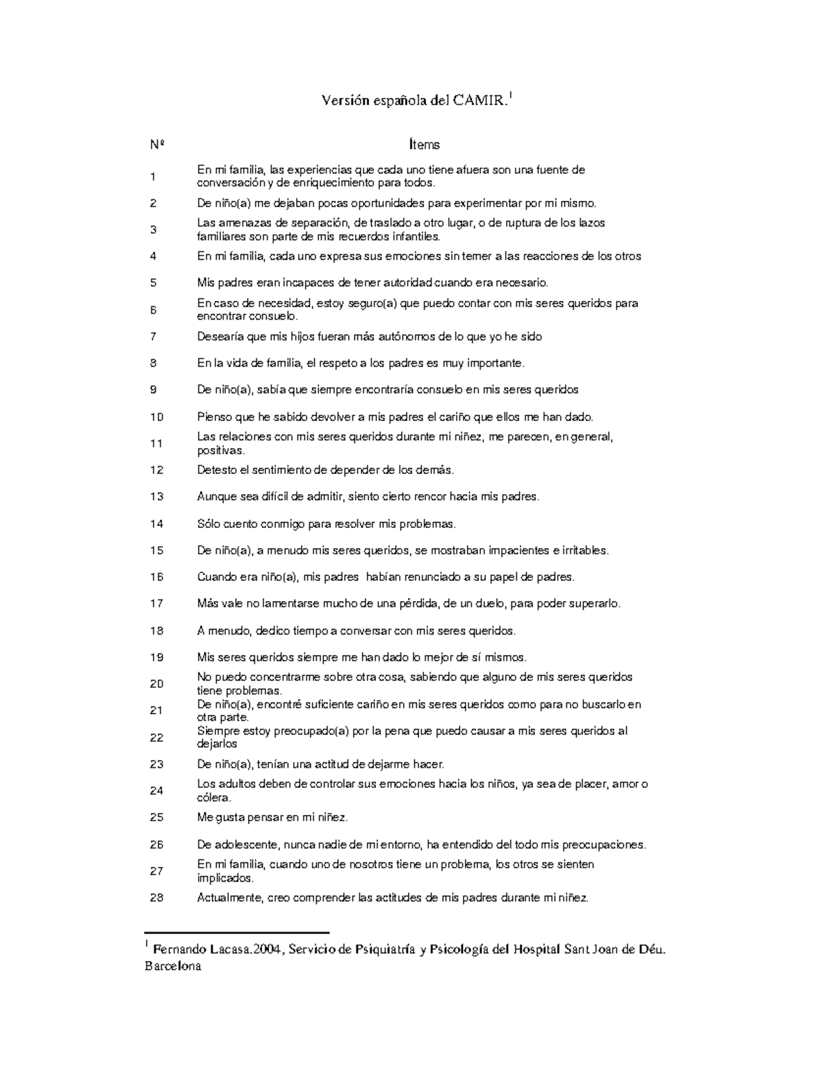 Ca Mir Itemsenespañol - items camir cuestionario apego - Versión española del CAMIR. 1 Nº Ítems ...