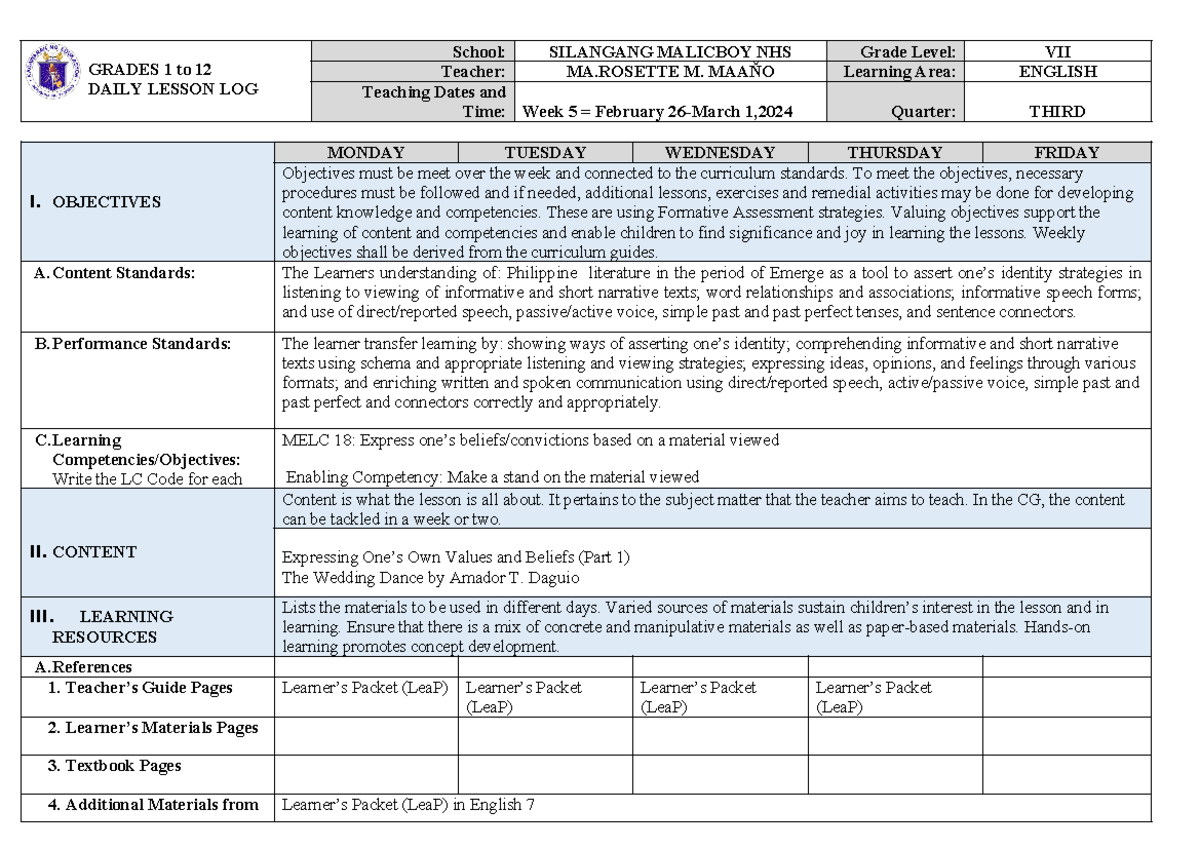 WEEK-5-DLL English - GRADES 1 to 12 DAILY LESSON LOG School: SILANGANG ...