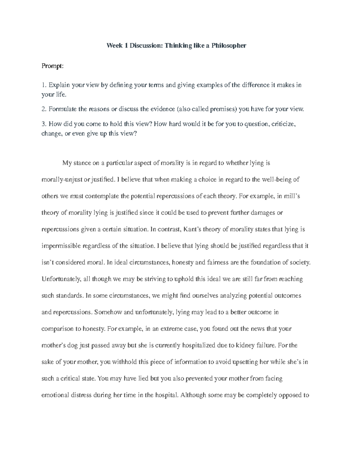 Week 1 Discussion Thinking like a Philosopher - Week 1 Discussion ...