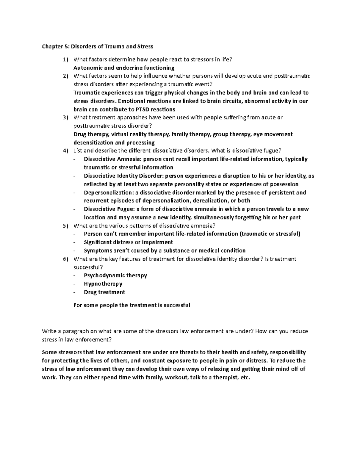Chapter 5 Questions - work - Chapter 5: Disorders of Trauma and Stress ...