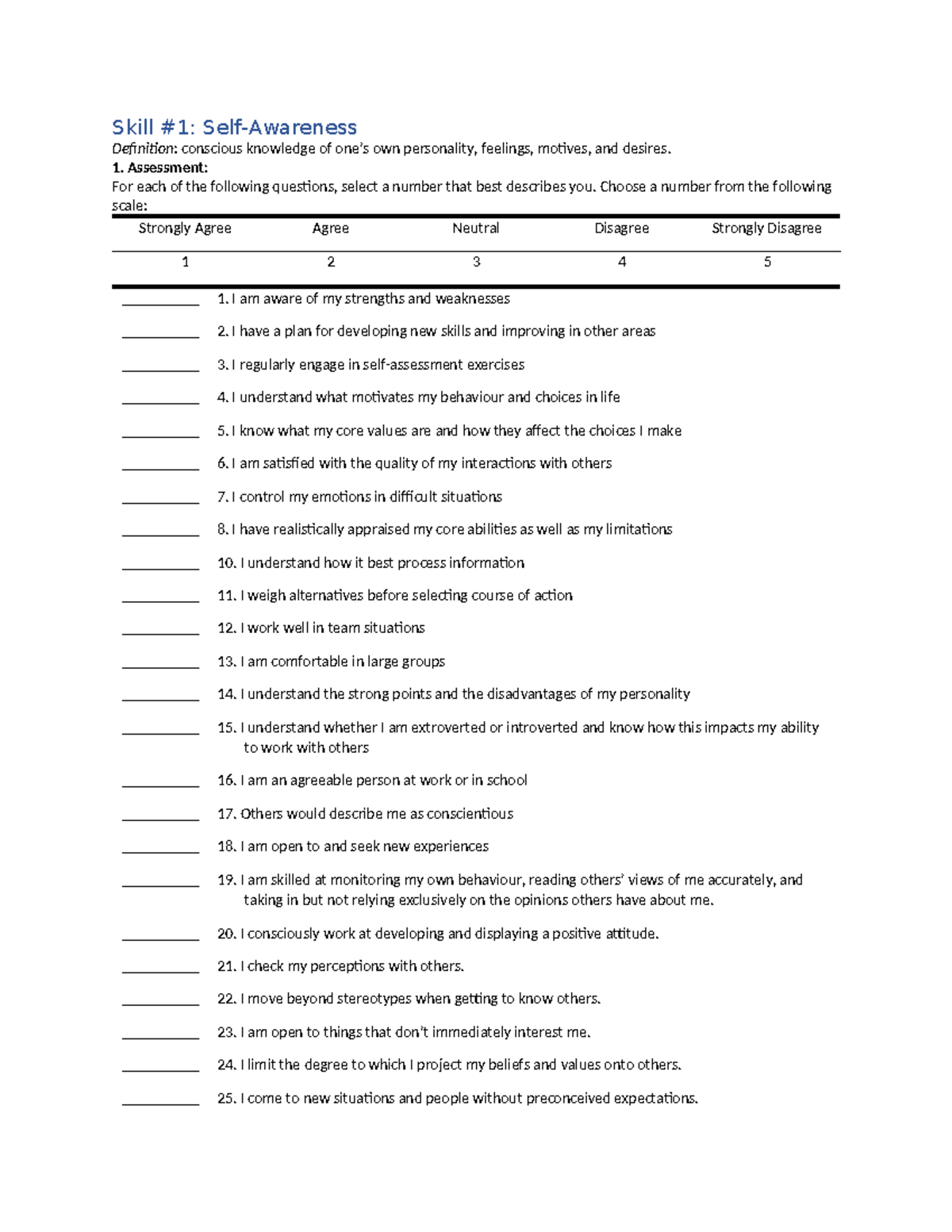 Manager Assessments - Skill #1: Self-Awareness Definition: conscious ...