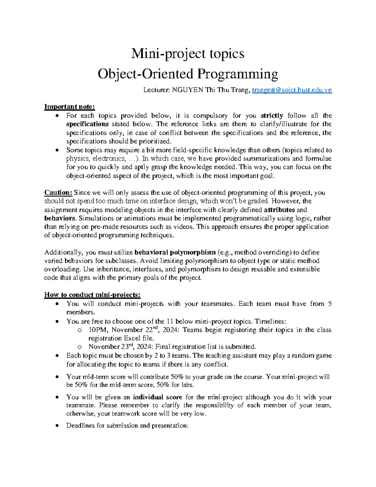 Mini Project Topics 20241 - Mini-project topics Object-Oriented ...