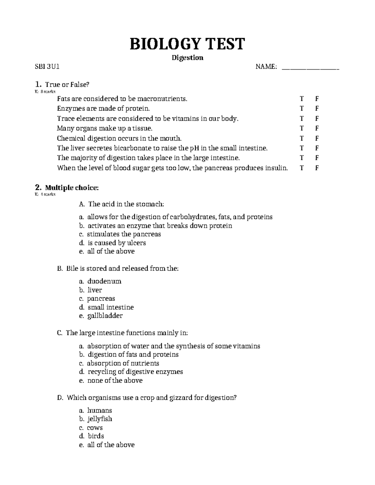 TEST - Digestion #1 - test - BIOLOGY TEST Digestion SBI 3U1 NAME ...