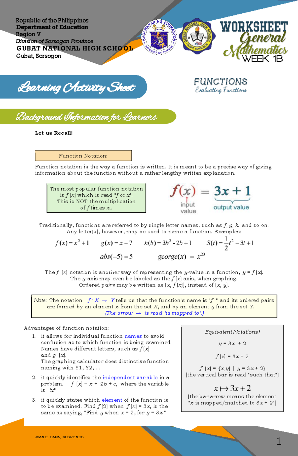 Leaners Worksheet for General Mathematics - JOAN E. HAPA, GUBAT NHS 1 ...