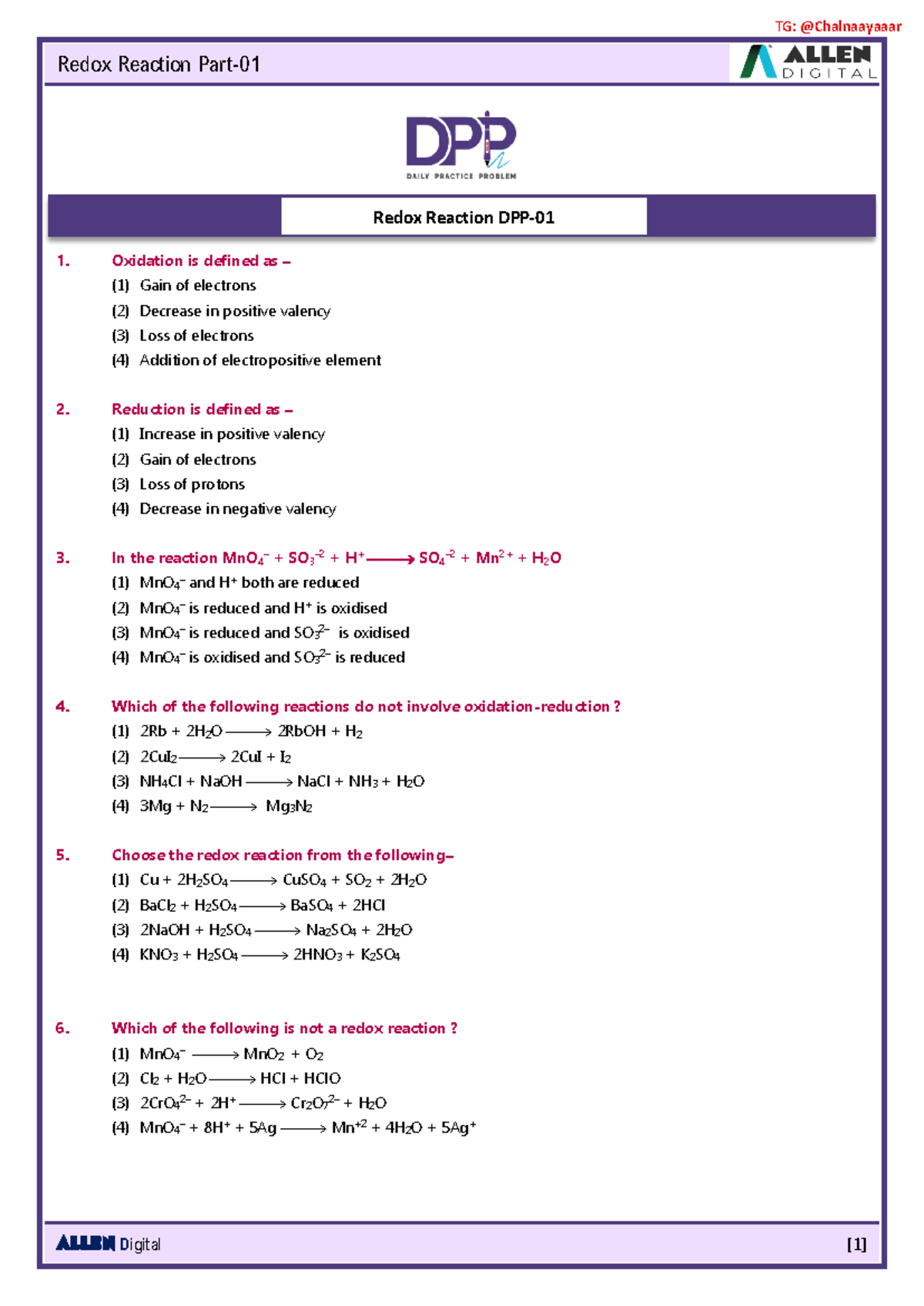 DPP - Practice material - Redox Reaction Part- 01 Oxidation is defined ...