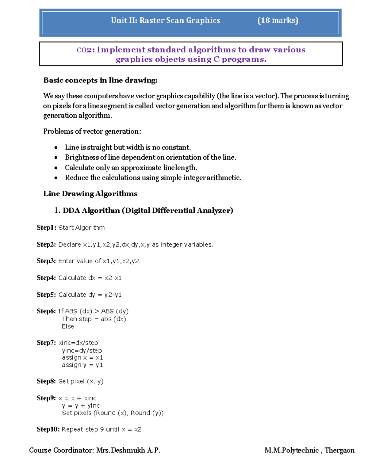 Unit 2 raster scan graphics - (Marks 18) Basic concepts in line drawing ...