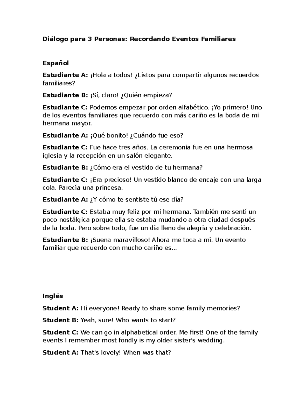 Dialogo de Ingles - I gles - Diálogo para 3 Personas: Recordando ...