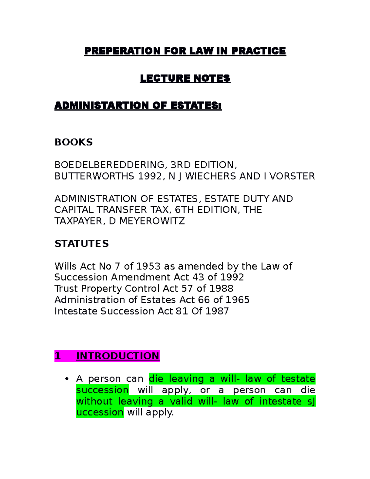 Admin OF Estate- Finals - PREPERATION FOR LAW IN PRACTICE LECTURE NOTES ...
