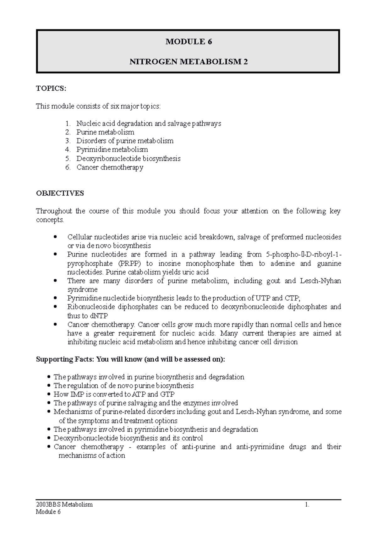 9. 2003 NSC Module 6 2020 - MODULE 6 NITROGEN METABOLISM 2 TOPICS: This ...