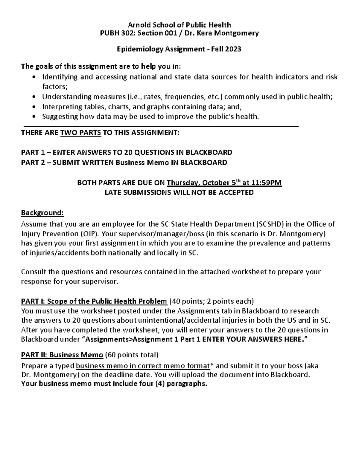 EPI Assignment Instructions Memo Fall 2023 - Arnold School of Public ...
